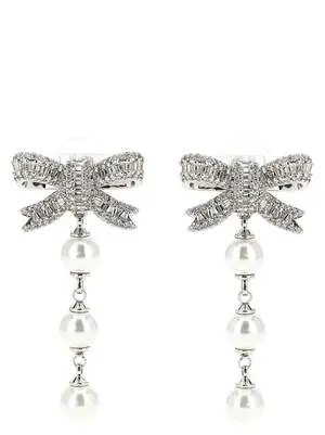 SELF-PORTRAIT Crystal Bow Pearl Droplet' Earrings - Silver