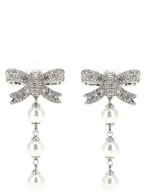 SELF-PORTRAIT Crystal Bow Pearl Droplet Earrings - Silver