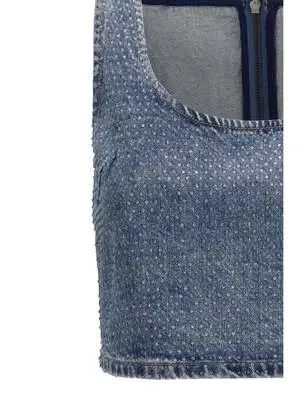SELF-PORTRAIT Rhinestone Denim Crop Top