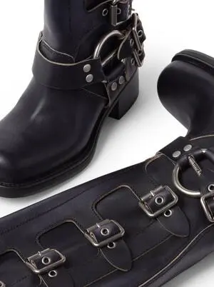 Miu Miu Calf Leather Buckled Boots - Black