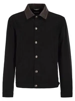 Brunello Cucinelli Lightweight Garment-dyed Cotton Denim Jacket With Leather Collar - Black