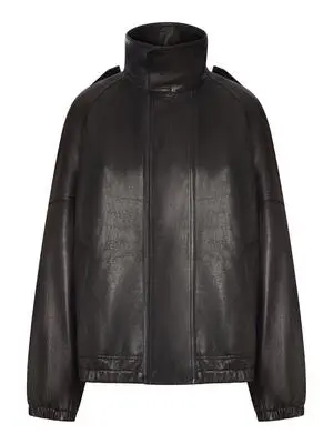 Saint Laurent Oversized Leather Jacket With High Collar - Black
