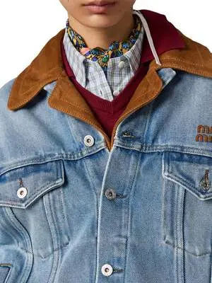 Miu Miu Blouson In Washed Denim And Suede