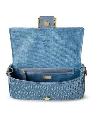 Fendi Baguette Bag In Woven Raffia With Blue Ff Embroidery - Multicolor