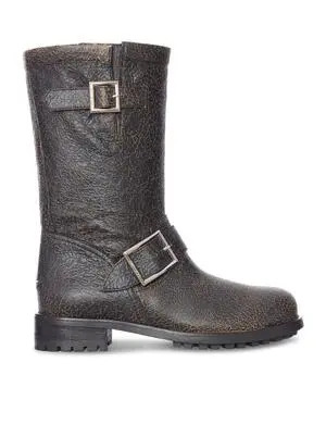 JIMMY CHOO Crackled Leather Biker Boots With Buckles - Brown