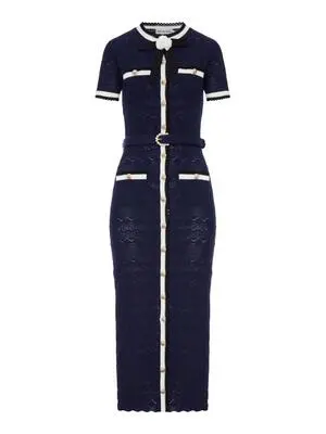 SELF-PORTRAIT Navy Perforated Knit Midi Dress - Blue