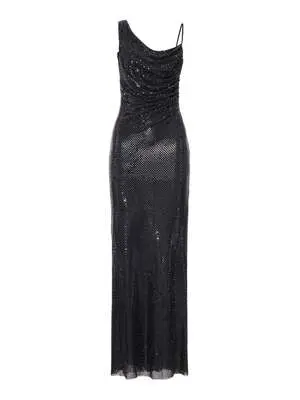 SELF-PORTRAIT Long Draped Dress With Rhinestone - Black