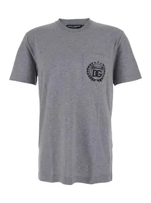 Dolce & Gabbana Grey Crewneck T-shirt With Logo Embroidery On The Front In Cotton - Gray
