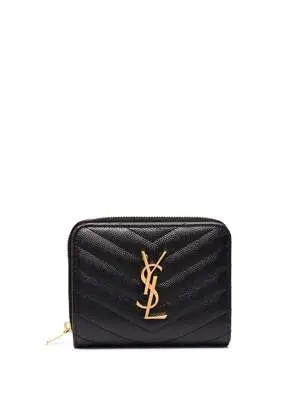 Saint Laurent Cassandre Matelassé Compact Zip Around Wallet In Grain De Poudre Leather - Black