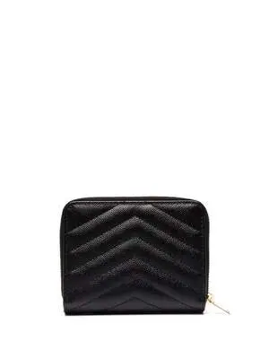 Saint Laurent Cassandre Matelassé Compact Zip Around Wallet In Grain De Poudre Leather - Black