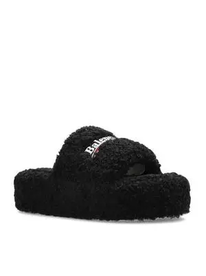 Balenciaga Shearling Platform Slippers - Black