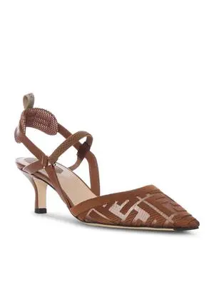 Fendi Colibrì Lite Slingback With Medium Heel In Mesh With Ff Embroidery - Brown