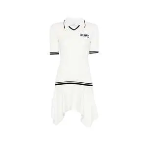 Off-White Short Sleeve Ribbed Knit A-line Dress - White