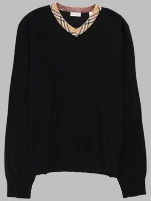 Burberry Maglia In Lana Merino Con Scollo Check - Black