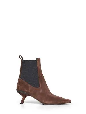 Brunello Cucinelli Espresso Suede Heeled Ankle Boots With Precious Details - Multicolor