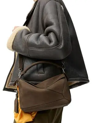 Loewe Featherlight Puzzle Small Bag In Garnet Nubuck - Multicolor