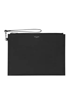 Saint Laurent Tablet Holder With Zip In Grain De Poudre Embossed Leather - Black