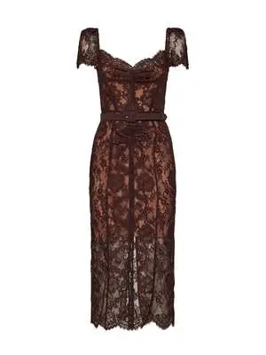 SELF-PORTRAIT Brown Floral Lace Belted Midi Dress - Multicolor