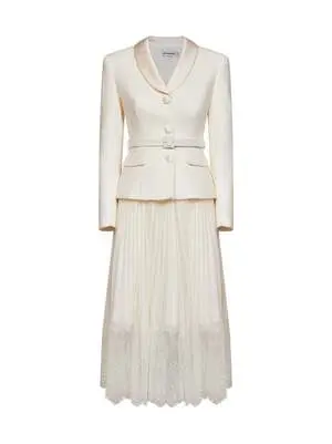 SELF-PORTRAIT Cream Georgette And Bouclé Belted Midi Dress - Multicolor