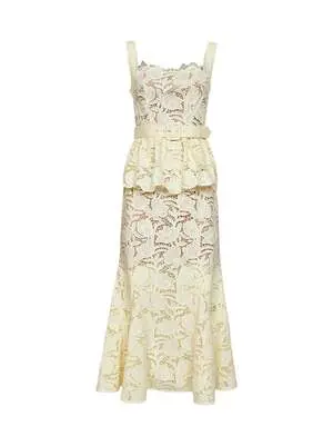 SELF-PORTRAIT Yellow Macramé Lace Belted Peplum Midi Dress - Multicolor
