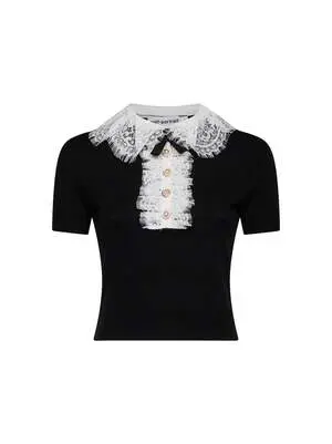 SELF-PORTRAIT Black Wool Knit Top With Lace Collar - Multicolor