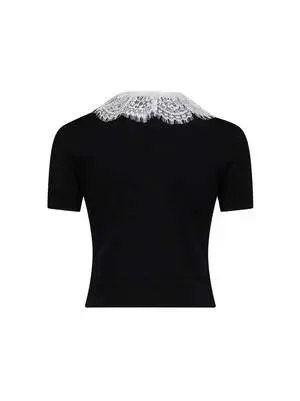 SELF-PORTRAIT Black Wool Knit Top With Lace Collar - Multicolor