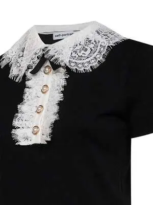 SELF-PORTRAIT Black Wool Knit Top With Lace Collar - Multicolor