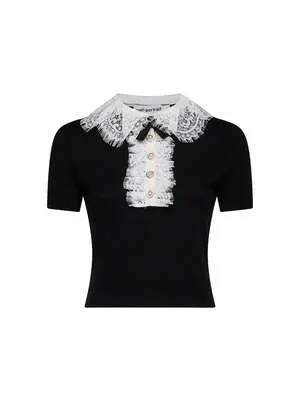 SELF-PORTRAIT Wool Knit Top With Lace Collar - Multicolor