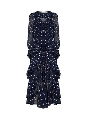 SELF-PORTRAIT Navy Blue Polka Dot Georgette Ruffled Maxi Dress - Multicolor