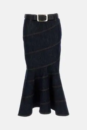 SELF-PORTRAIT Indigo Denim Belted Midi Skirt - Multicolor
