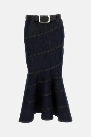 SELF-PORTRAIT Belted Denim Midi Skirt - Multicolor