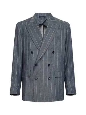 Tagliatore Blue Pinstriped Linen Blend New York Double-breasted Blazer - Multicolor