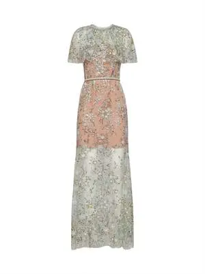 SELF-PORTRAIT Mint Embroidered Tulle Cape Maxi Dress - Multicolor