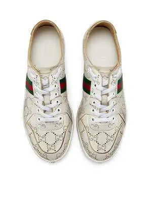 Gucci Leather Sneakers With Allover Gg And Web Band - White