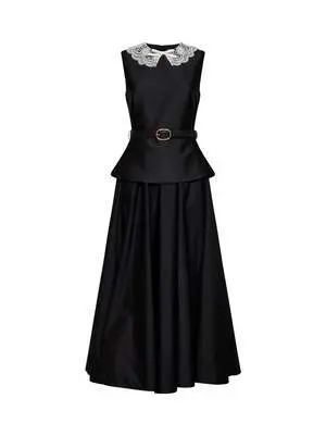 SELF-PORTRAIT Black Taffeta Belted Peplum Midi Dress - Multicolor