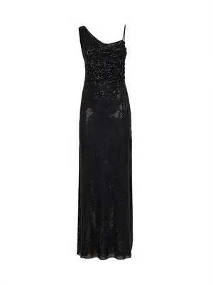 SELF-PORTRAIT Black Rhinestone-embellished Tulle Draped Maxi Dress - Multicolor