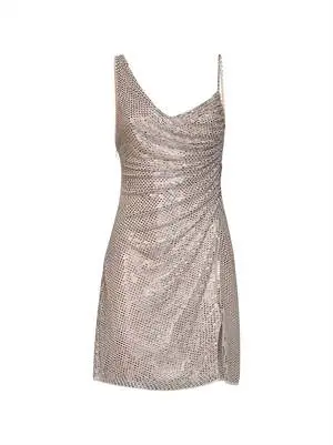 SELF-PORTRAIT Champagne Rhinestone-embellished Tulle Draped Mini Dress - Multicolor