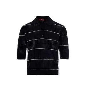 Max Mara Striped Ribbed Silk And Wool Polo Top - Black