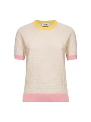Fendi Ecru Ff Cotton And Silk Sweater With Color Block Edges - Multicolor