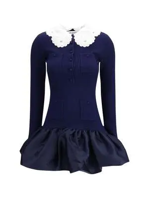 SELF-PORTRAIT Knit Taffeta Mini Dress - Blue