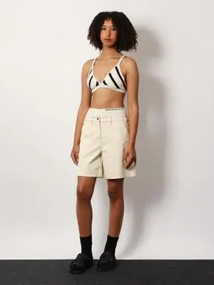 Moncler Stretch Cotton Shorts With Maxi Logo Patch - Cream