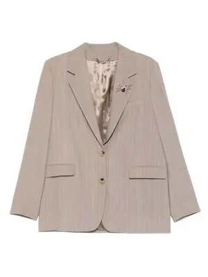 GOLDEN GOOSE Pinstripe Oversized Wool Blend Blazer With Broche - Multicolor