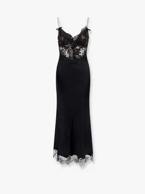 SELF-PORTRAIT Satin Dress With Lace Profiles - Black
