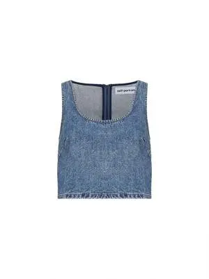 SELF-PORTRAIT Blue Rhinestone Denim Crop Top - Multicolor