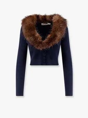 SELF-PORTRAIT Faux Fur Trim Cardigan - Blue