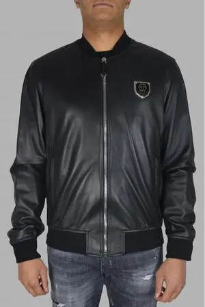 Philipp Plein Leather Bomber Jacket - Black