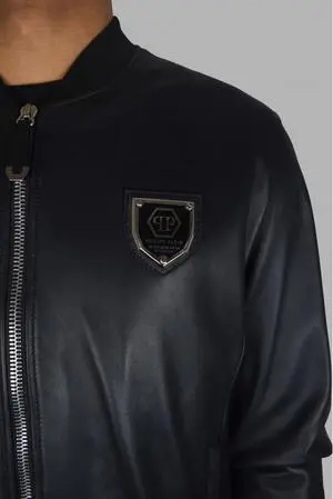 Philipp Plein Leather Bomber Jacket - Black