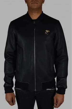 Philipp Plein Leather Bomber Jacket - Black