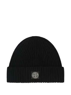 Stone Island Ribbed Wool Beanie With Compass Patch - Black