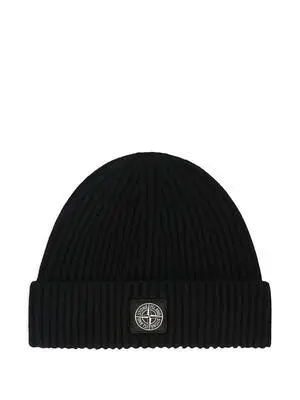 Stone Island Ribbed Wool Beanie With Compass Patch - Black